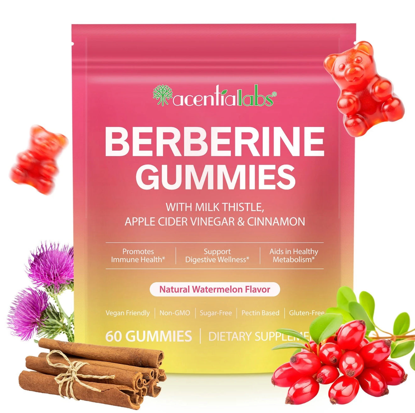 Berberine Comples Gummies with Ceylon Cinnamon, Milk Thistle, ACV ...